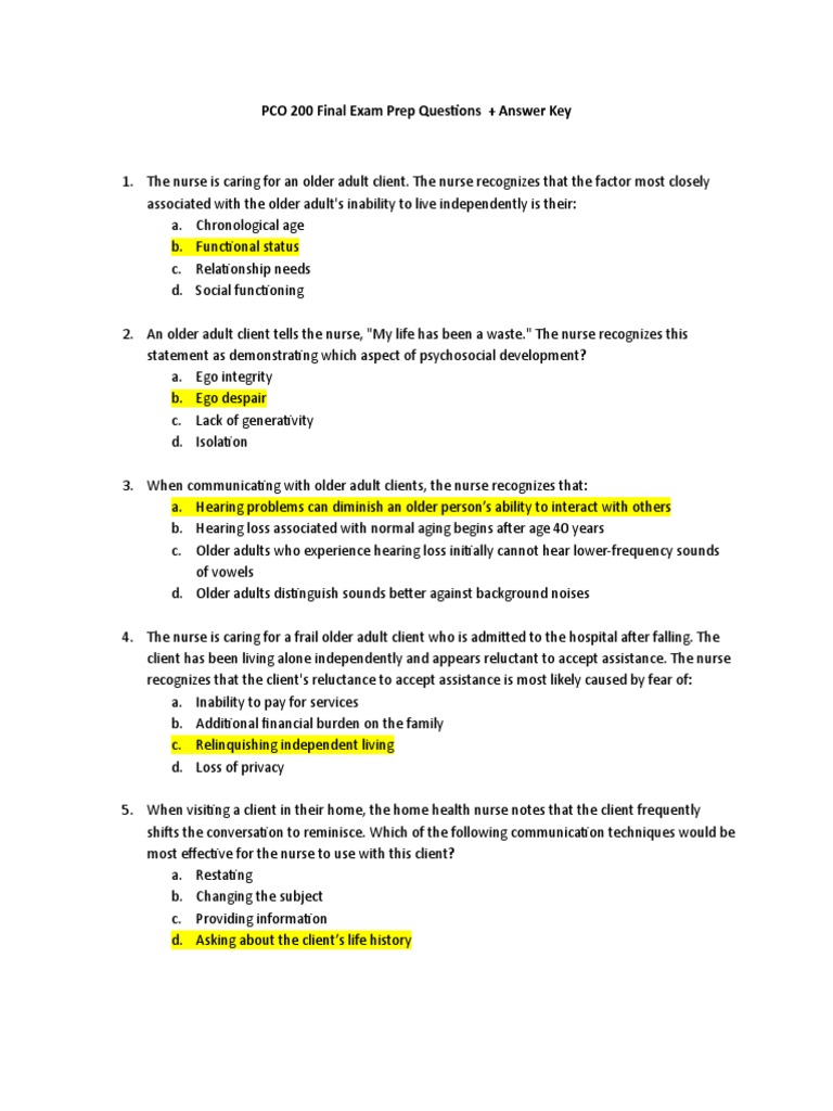 PCO 200 Final Exam Prep Questions STUDENT | PDF | Grief | Nursing