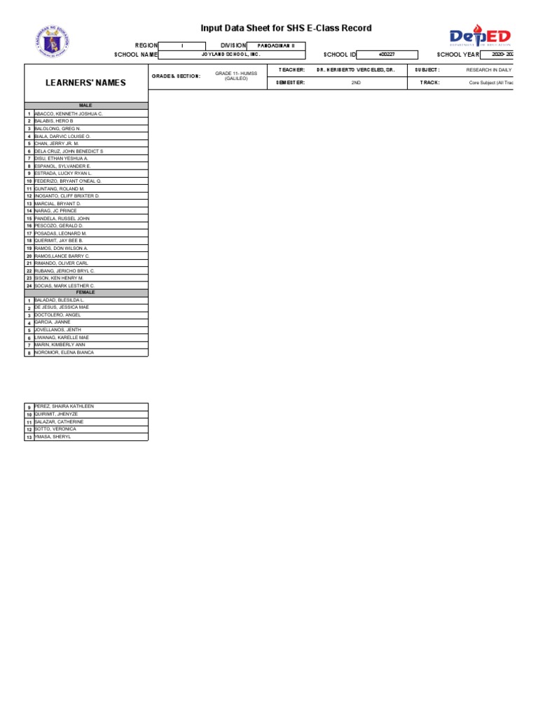 Learners' Names: Input Data Sheet For SHS E-Class Record | PDF