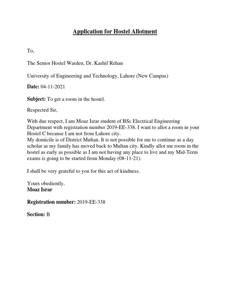 Hostel Room Request for Student | PDF