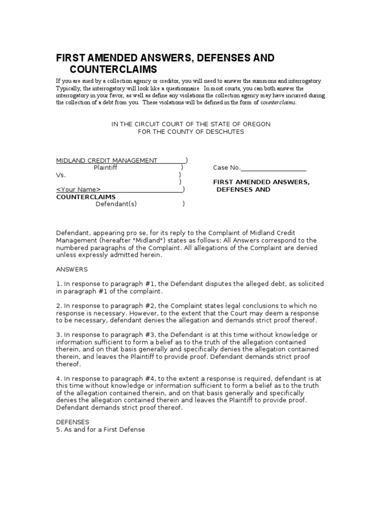 First Amended Answers Defenses and Counterclaims | PDF | Assignment ...