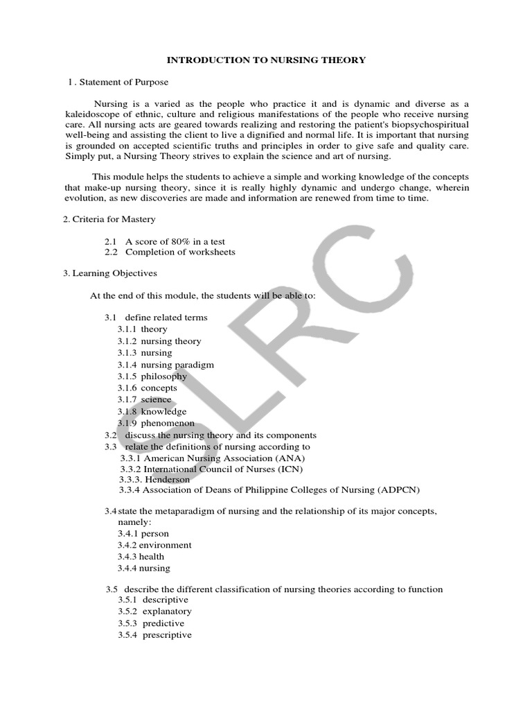 NCM 100 Module - SLRC | Download Free PDF | Theory | Nursing