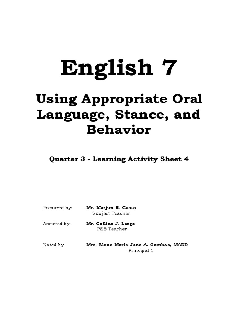 English 7: Using Appropriate Oral Language, Stance, and Behavior | PDF ...