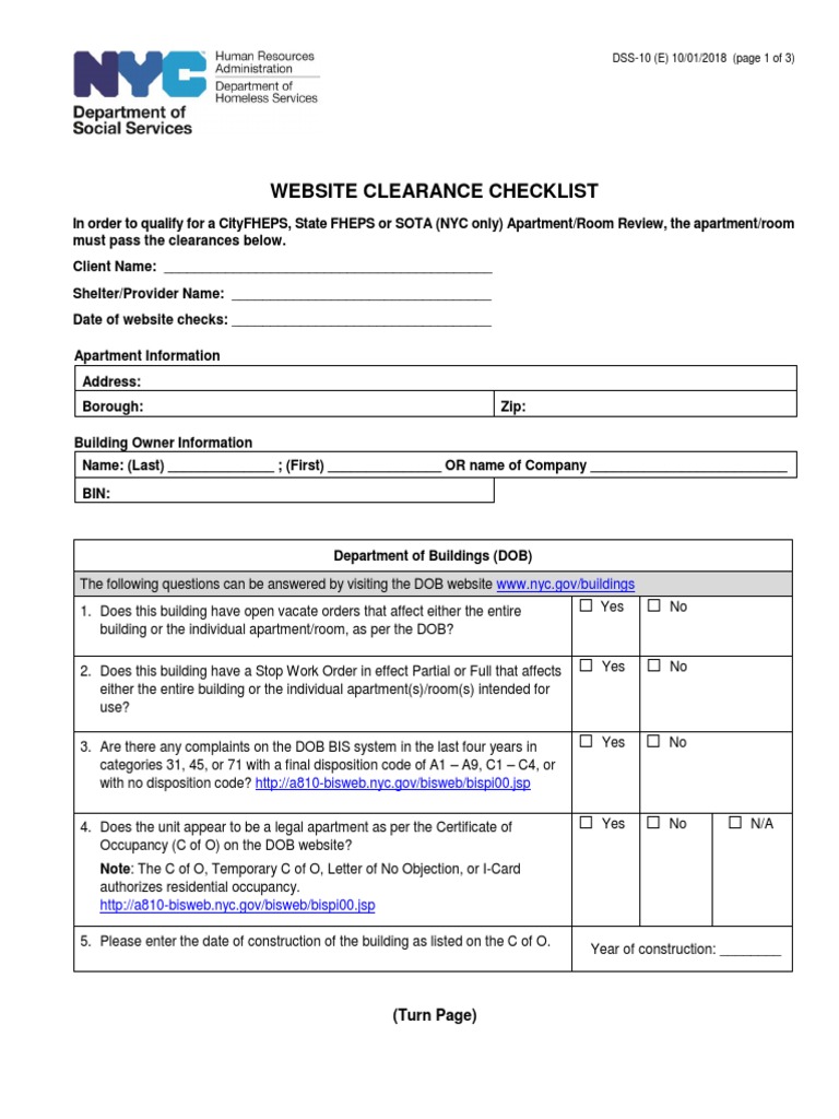 Website Clearance Checklist: WWW - Nyc.gov/buildings | PDF