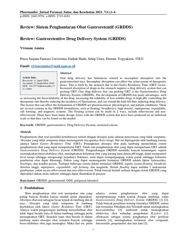 Review: Sistem Penghantaran Obat Gastroretentif / Gastroretentive Drug Delivery System (GRDDS ...