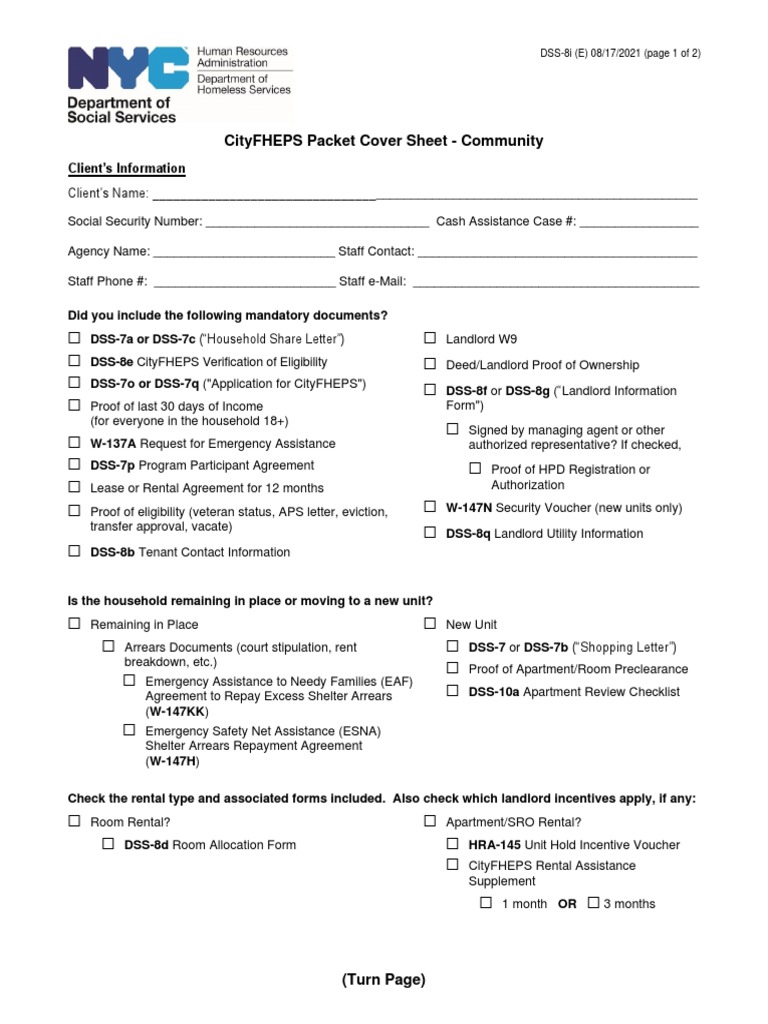 Cityfheps Packet Cover Sheet - Community: Dss-8I (E) 08/17/2021 (Page 1 ...