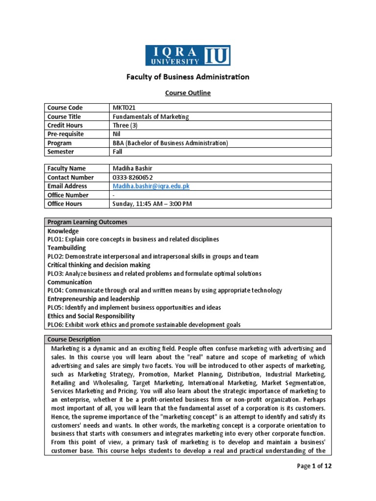 Course Outline - Fundamentals of Marketing | PDF | Marketing | Critical ...