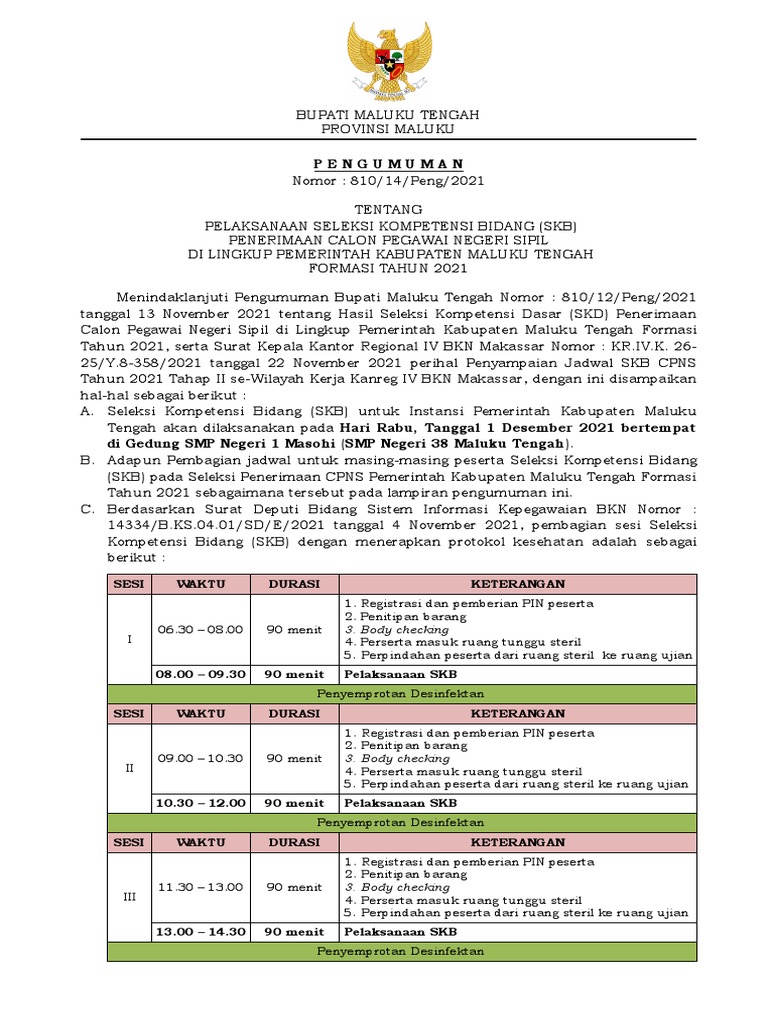 Pengumuman Ujian SKB Cpns Maluku Tengah 2021 | PDF
