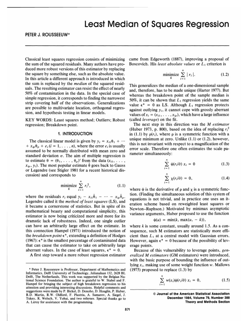 Least Median of Squares Regression. Peter J. Rousseeuw, 1984 | PDF | Robust Statistics | Median