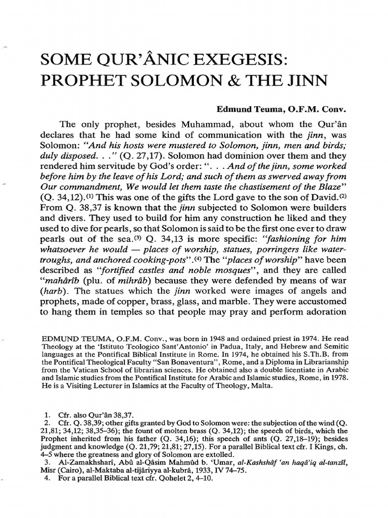 Some Qur' Anic Exegesis: Prophet Solomon The Jinn: Edmund Teuma, O.F.M. Cony | PDF | Solomons | Jinn