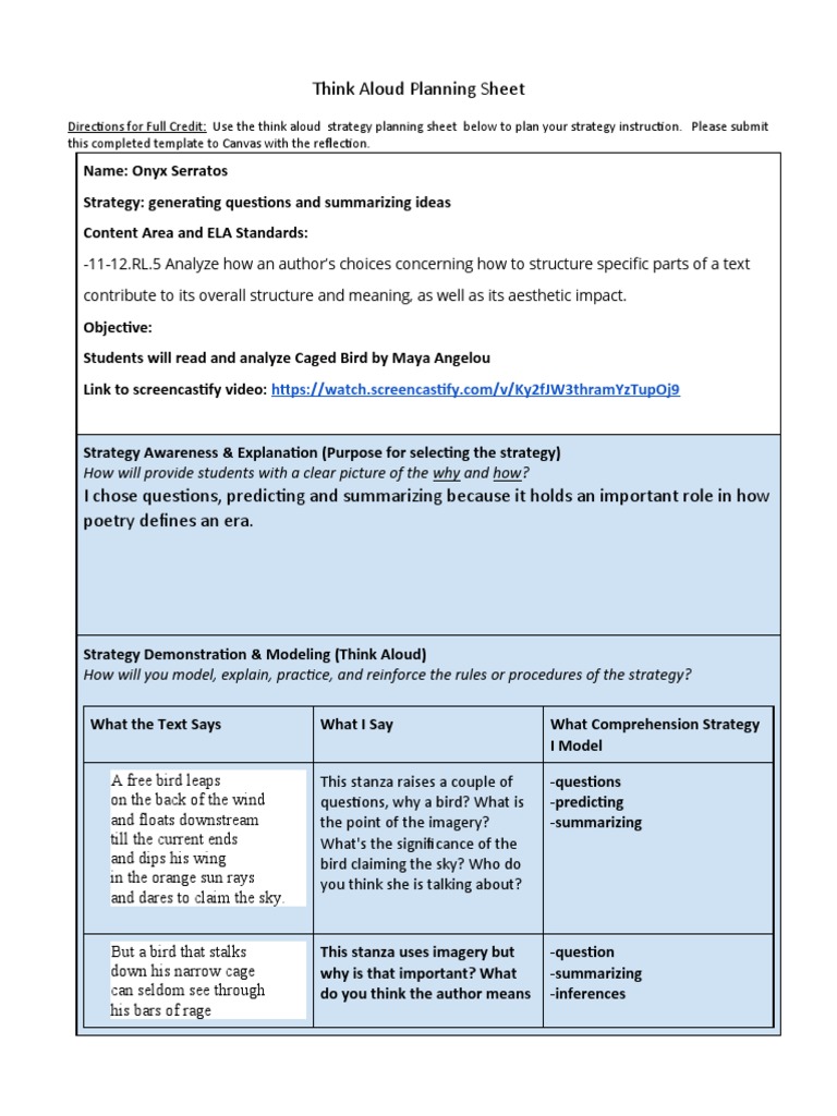 Think Aloud Strategy Planning Sheet 1 | PDF | Reading Comprehension ...