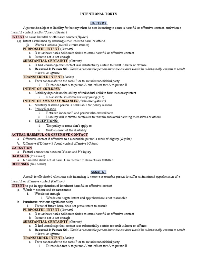 Intentional Torts Outline | PDF | Intentional Infliction Of Emotional ...