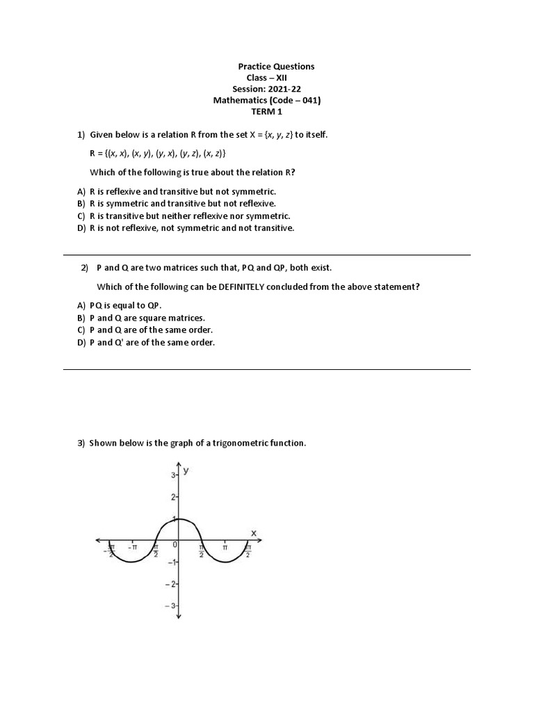 Practice Questions Class - XII Session: 2021-22 Mathematics (Code - 041) Term 1 | PDF | Matrix ...