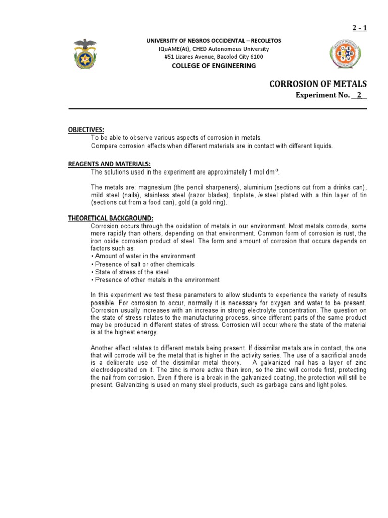 Chemistry For Engineers - Lab - Activity 02 - Experiment 2 - Corrosion ...