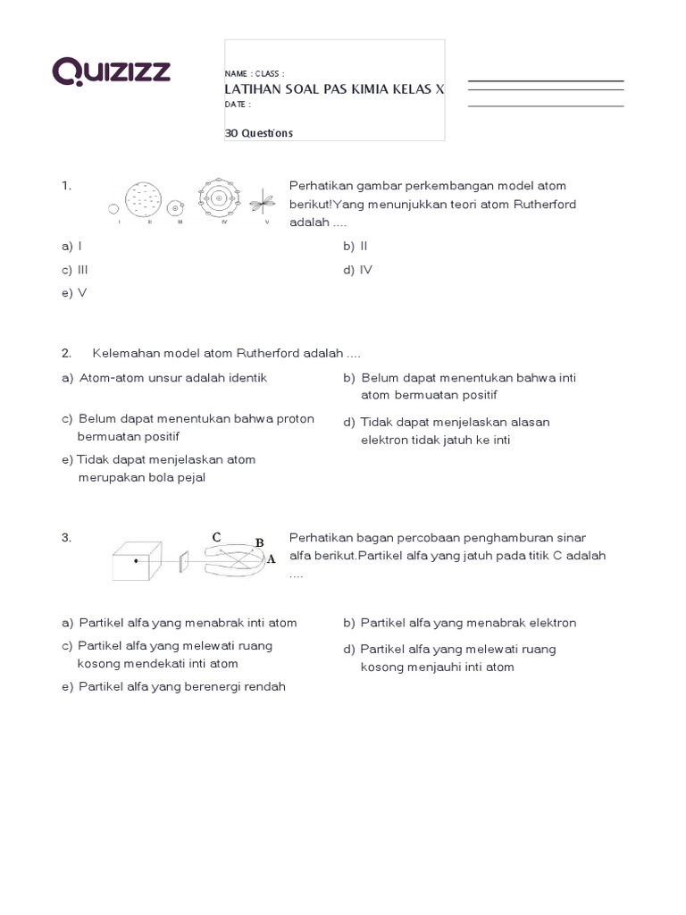 LATIHAN SOAL PAS KIMIA KELAS X - Print - Quizizz | PDF