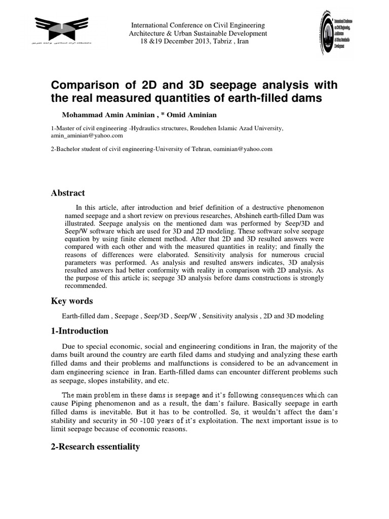 Comparison Of 2d And 3d Seepage Analysis With The Real Measured