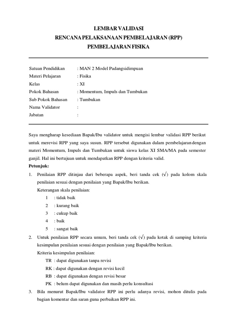 Lembar Validasi RPP | PDF | Karier & Perkembangan