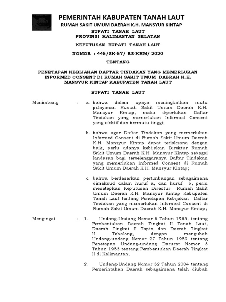 SK dIREKTUR TTG Kebijakan Daftar Tindakan Yg Memerlukan Informed Consent | PDF
