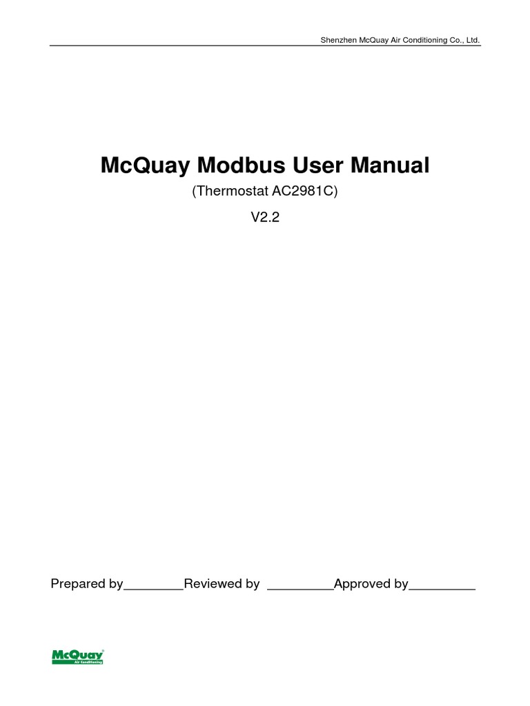 Mcquay Modbus User Manual: (Thermostat Ac2981C) V2.2 | PDF | Telecommunications | Computer ...