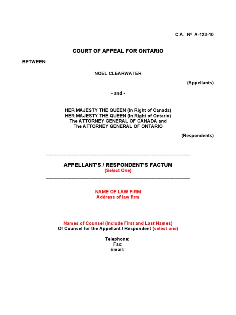 Factum Template | PDF | Brief (Law) | Virtue