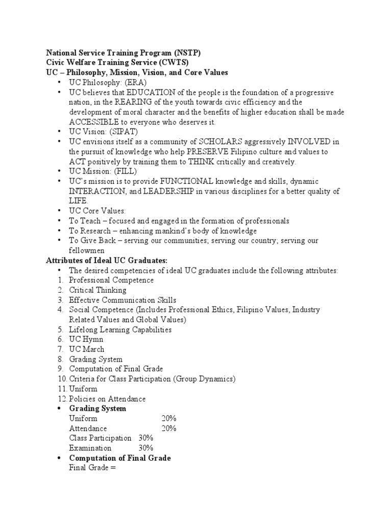 National Service Training Program (NSTP) Civic Welfare Training Service ...