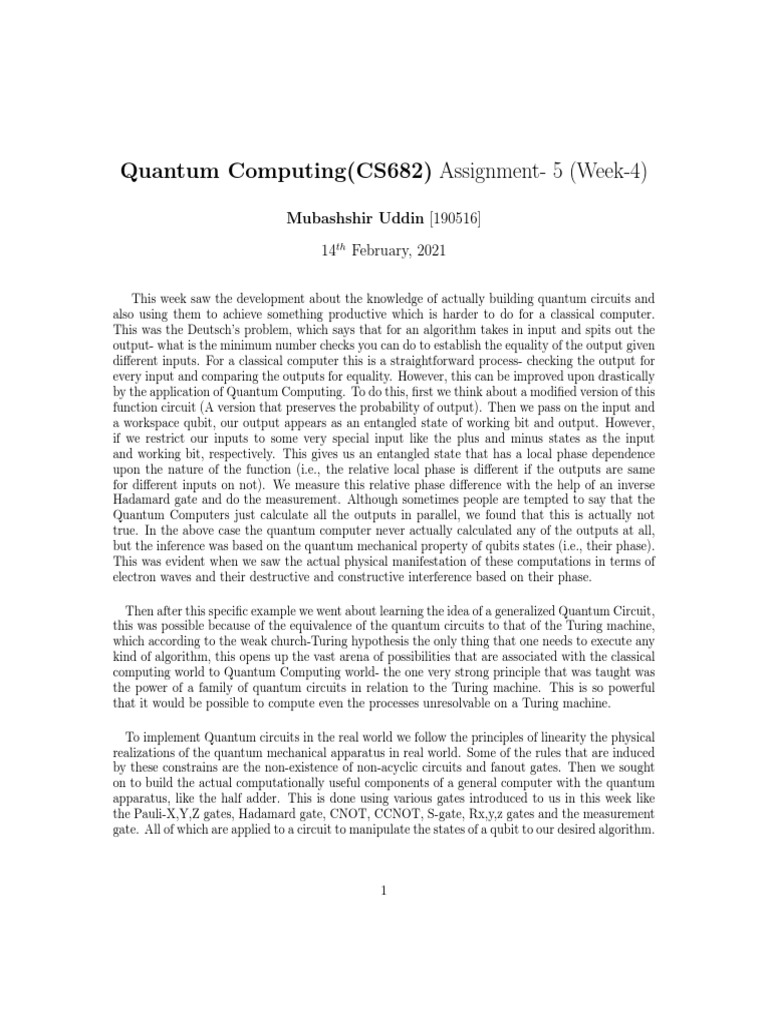 Quantum Computing (CS682) Assignment-5 (Week-4) : Mubashshir Uddin ...