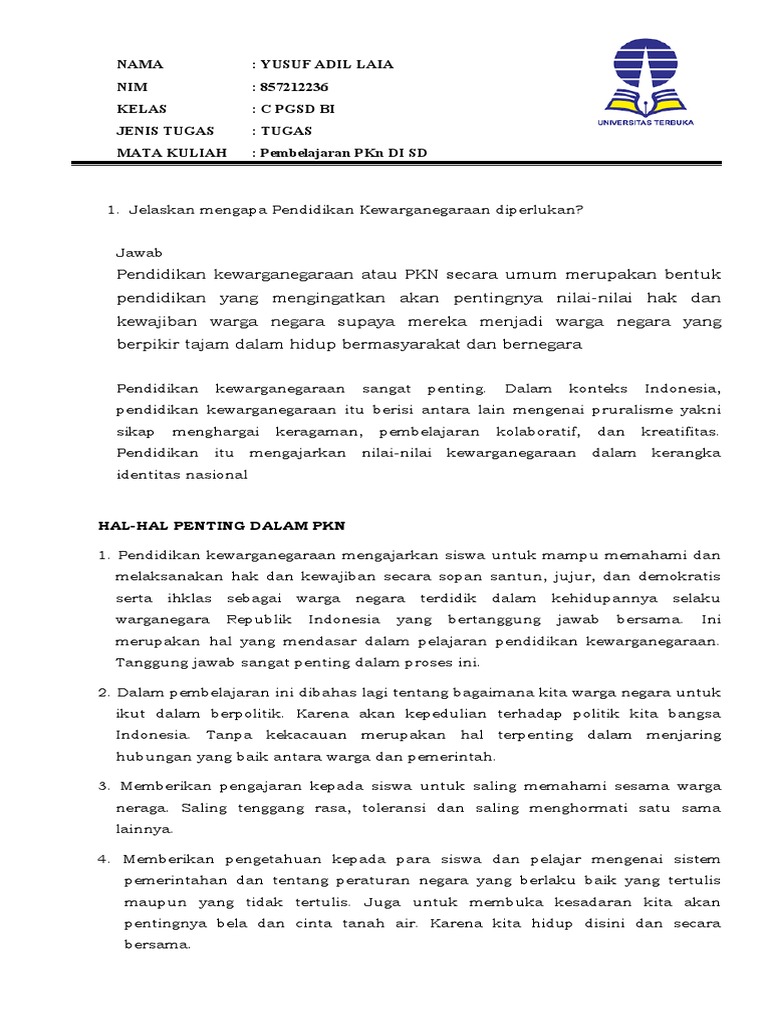 TUGAS 1 - PEMBELAJARAN PKN DI SD | PDF