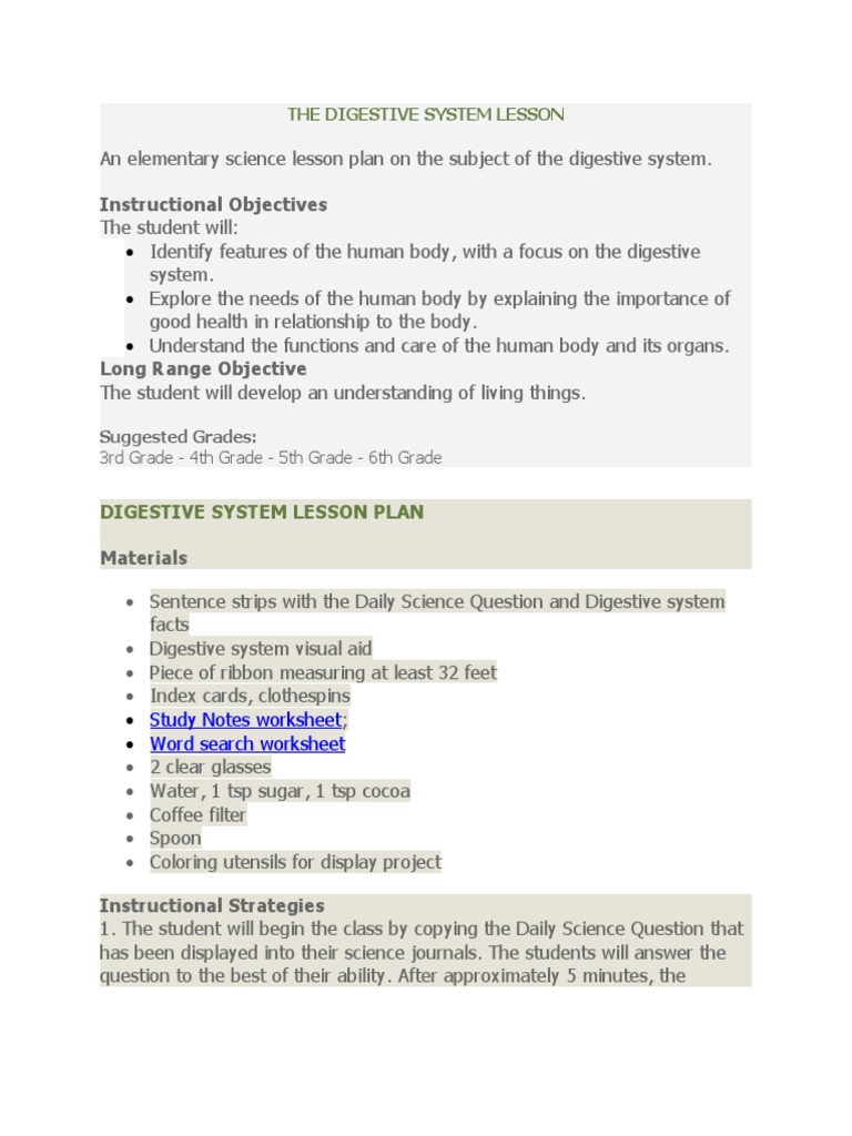 Digestive System Lesson Plan for Grades 3-6 | PDF | Human Digestive ...