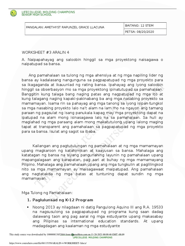 Aralin 4 Worksheet 3 | PDF