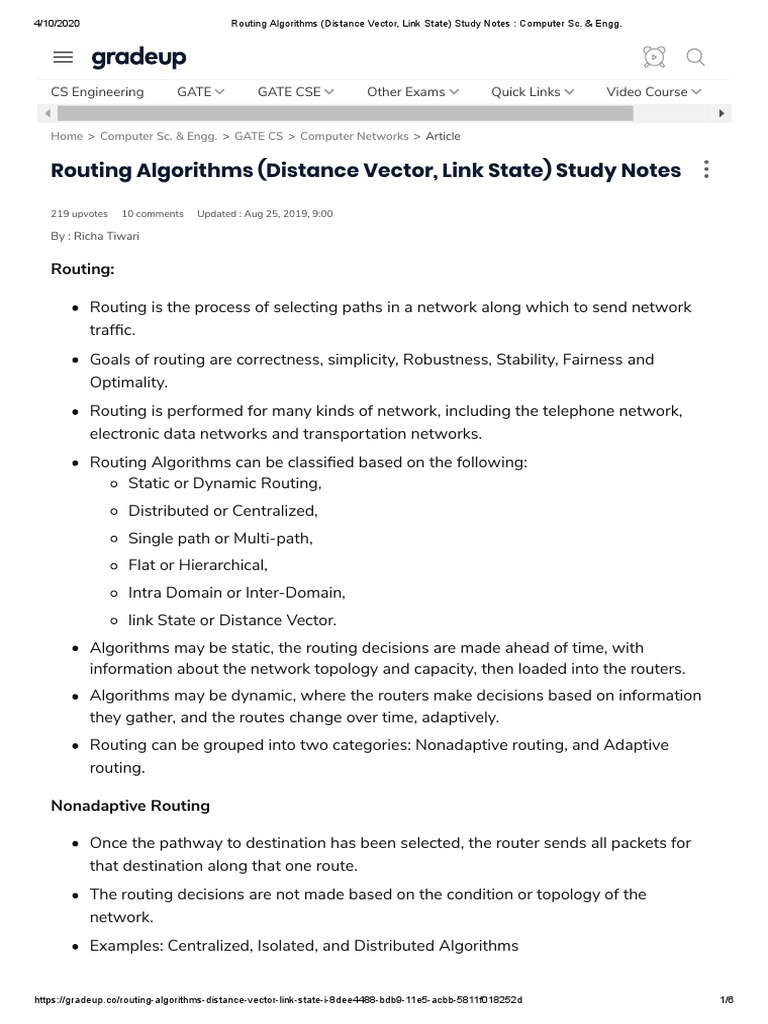 Routing Algorithms (Distance Vector, Link State) Study Notes - Computer ...