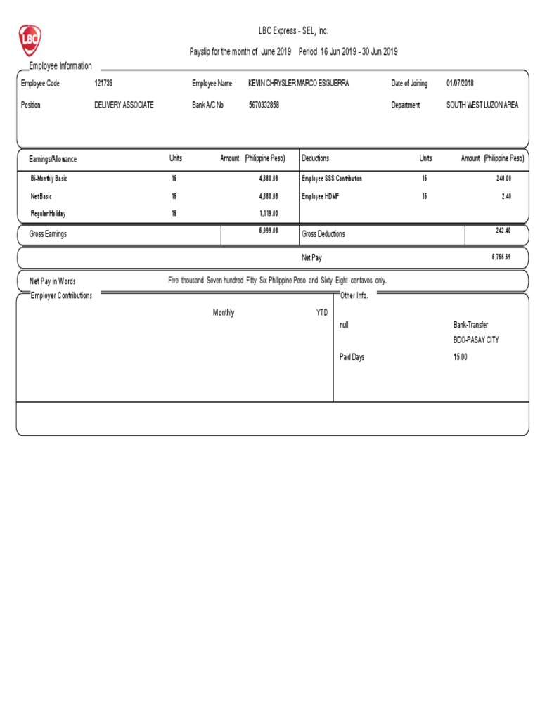 LBC Express - SEL, Inc. Payslip For The Month of June 2019 Period 16 ...