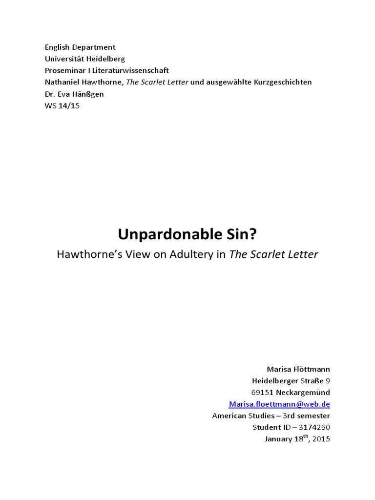 Unpardonable Sin?: Hawthorne's View On Adultery in The Scarlet Letter ...