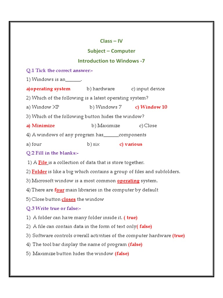 Class - IV Subject - Computer Introduction To Windows - 7: Q.1 Tick The ...