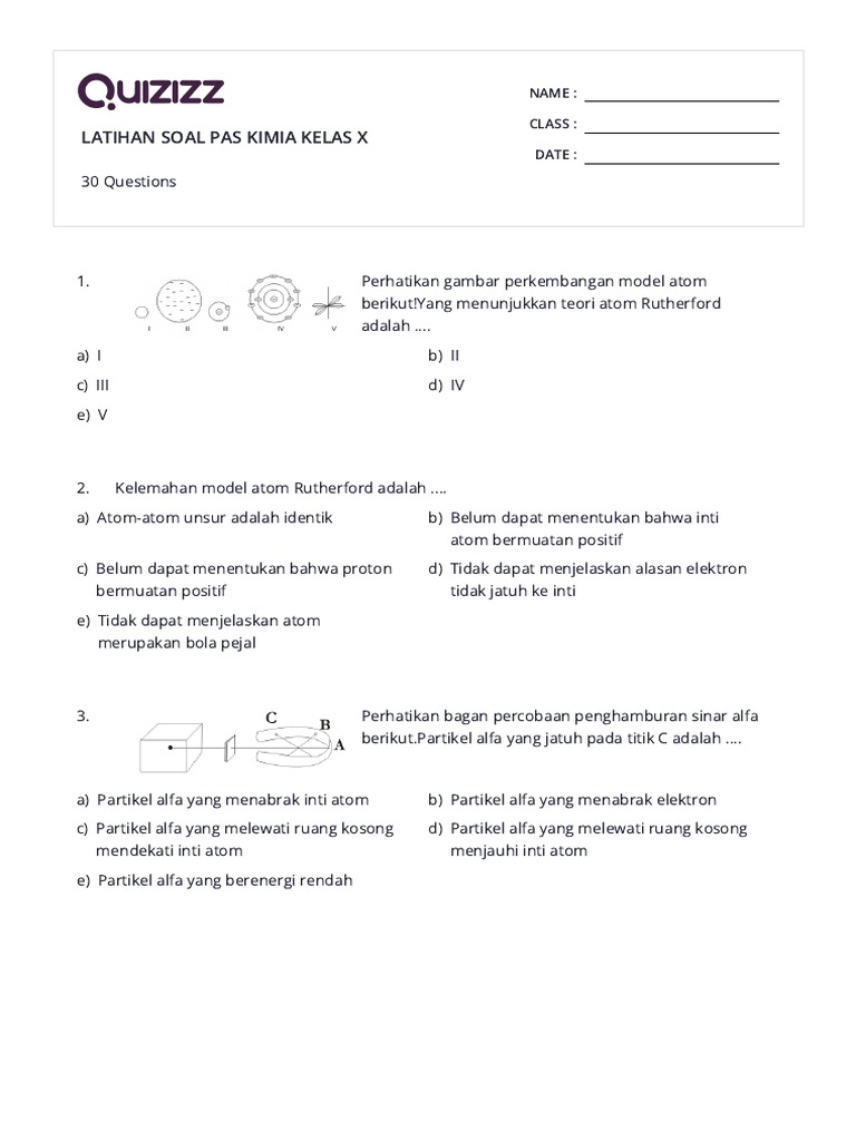 LATIHAN SOAL PAS KIMIA KELAS X - Print - Quizizz | PDF