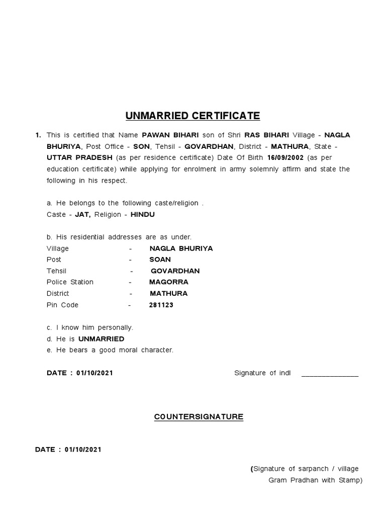 Unmarried Certificate: Countersignature | PDF