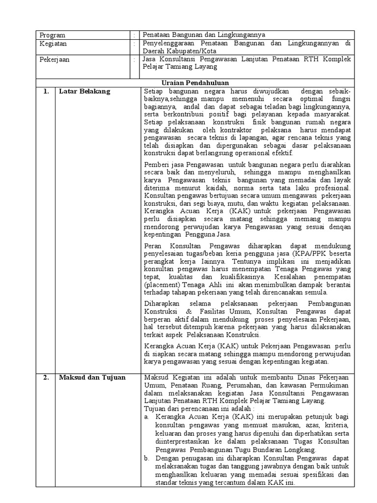 KAK Pengawasan Lanjutan Penataan RTH | PDF