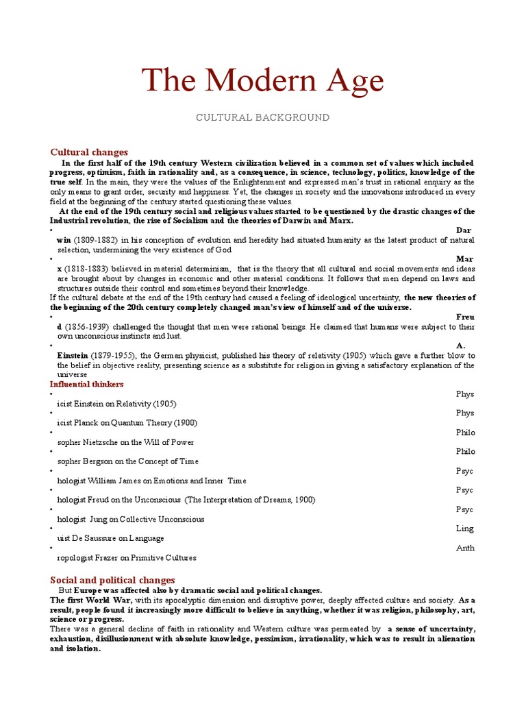 The Modern Age Cultural Background | PDF | Modernism | Modernity