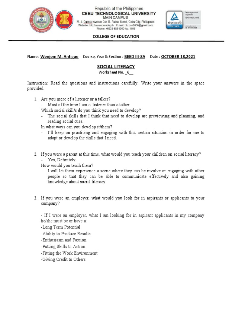 Worksheet No. 6 | PDF | Literacy | Learning