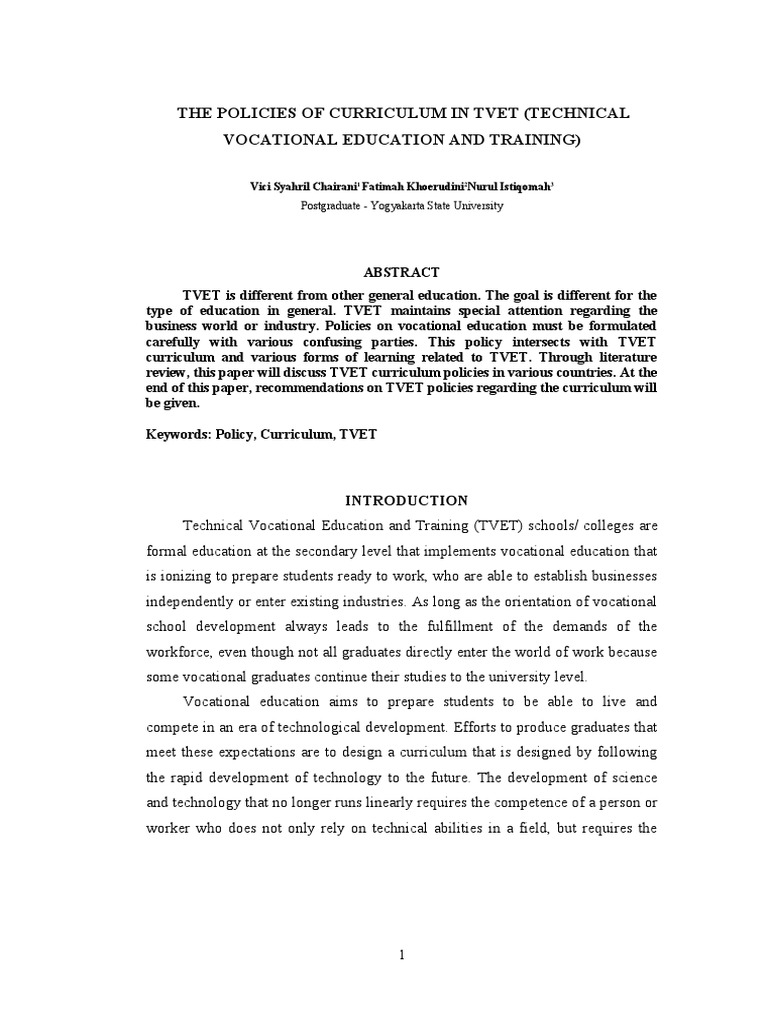 The Policies of Curriculum in Tvet (Technical Vocational Education and ...