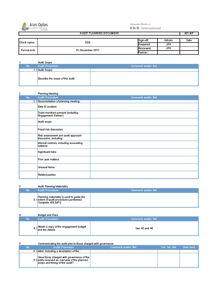 Audit Planning Document Overview | PDF | Audit | Expense
