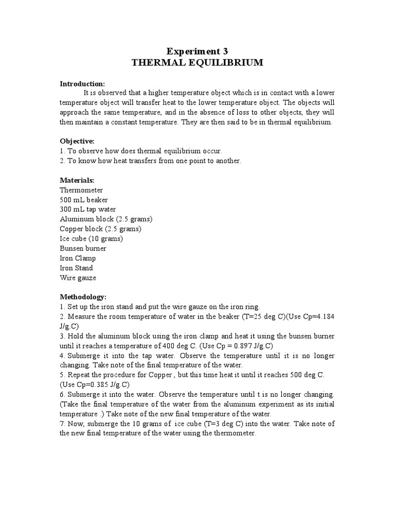 Experiment 3 Thermal Equilibrium | PDF