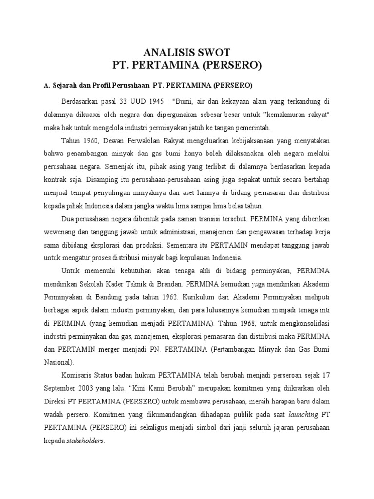 Analisis Swot Pt Pertamina Persero Pdf