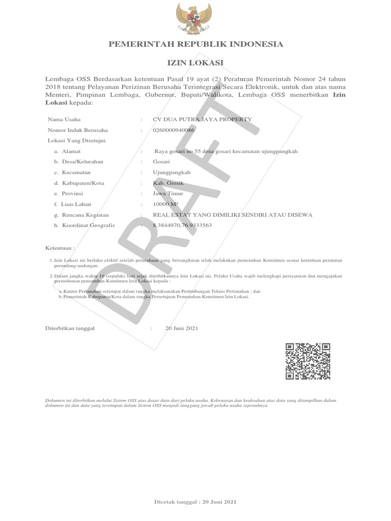 Izin Lokasi CV Dua Putra Jaya | PDF