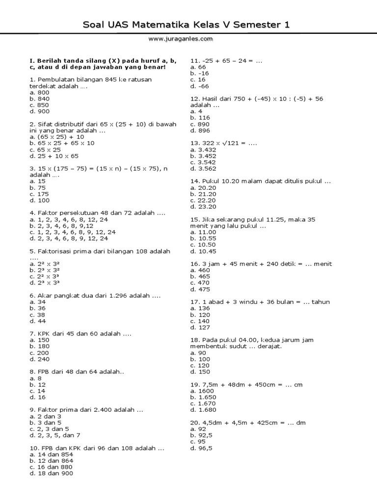 Soal UAS Matematika Kelas 5 Semester 1 | PDF Soal UAS Matematika Kelas 5 Semester 1 | PDF