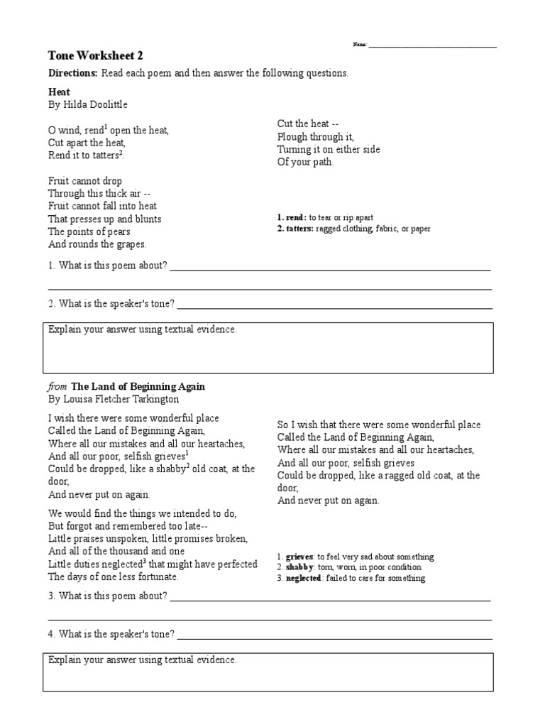 Tone Worksheet 2: Directions: Read Each Poem and Then Answer The ...
