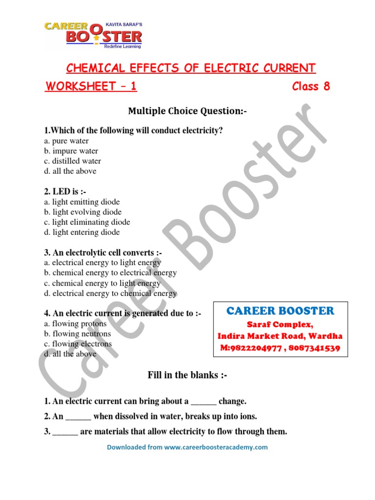 Chemical Effects of Electric Current Worksheet - 1 Class 8: Multiple ...