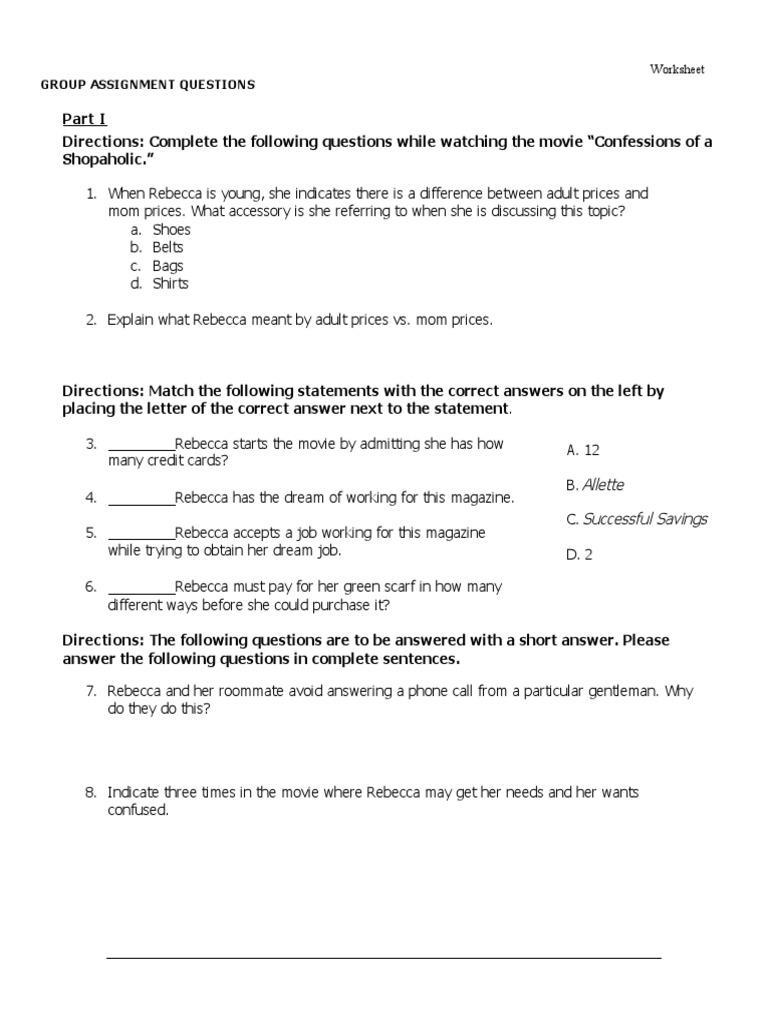 Confessions - of - A - Shopaholic - Case Study Worksheet | PDF ...