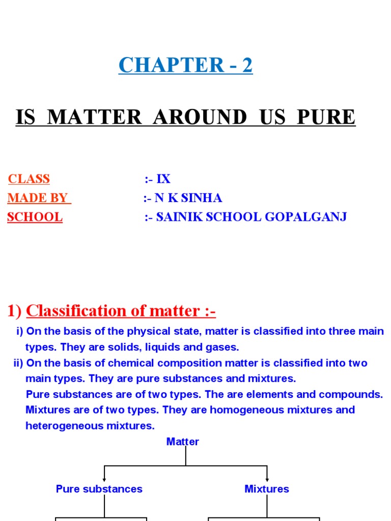 Understanding Pure Matter in Class IX | PDF | Mixture | Solution