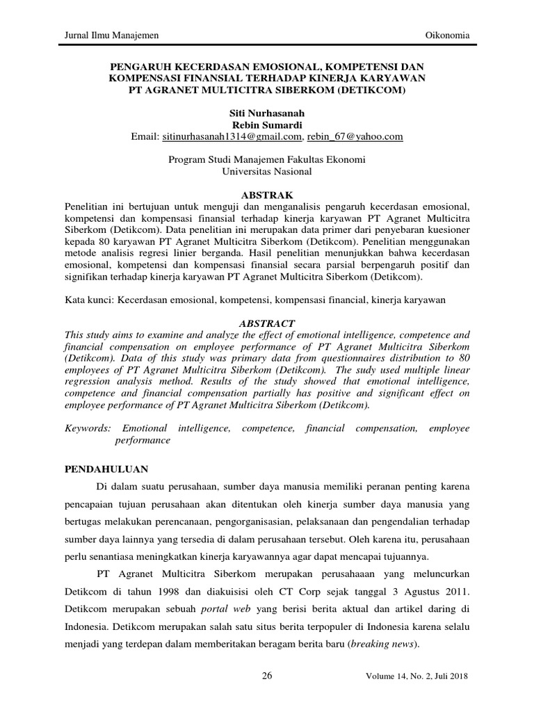 Pengaruh Kecerdasan Emosional, Kompetensi Dan Kompensasi Finansial ...