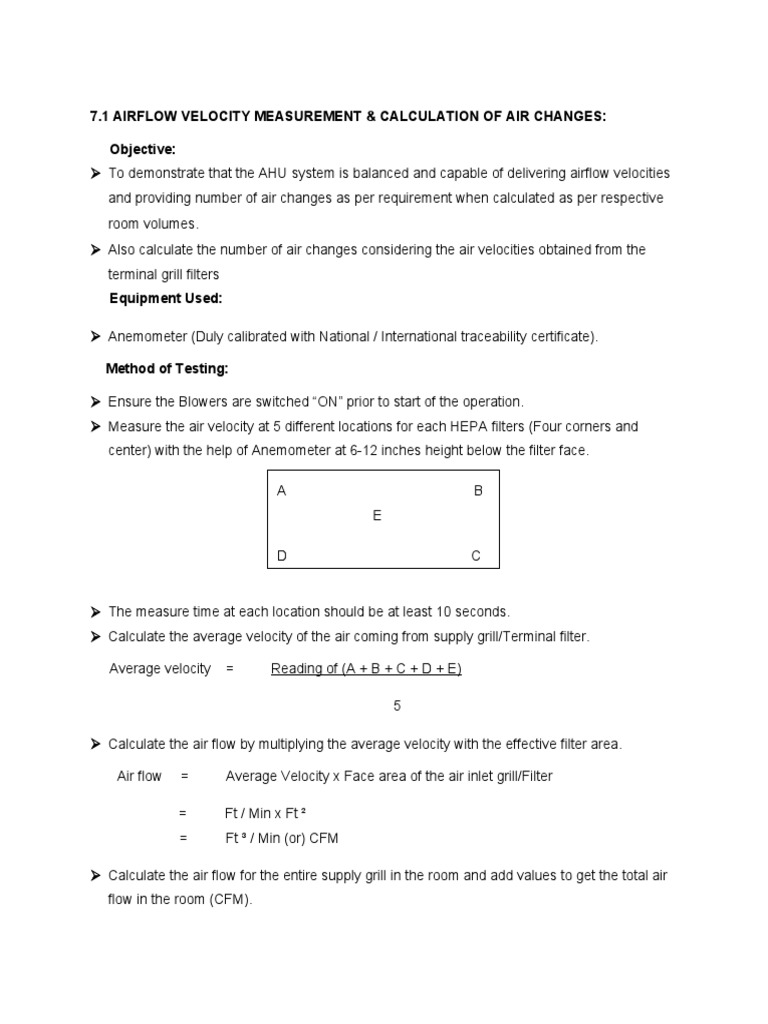 7.1 Airflow Velocity Measurement & Calculation of Air Changes ...