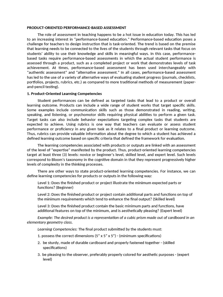 Product-Oriented Performance-Based Assessment | PDF | Educational Assessment | Rubric (Academic)